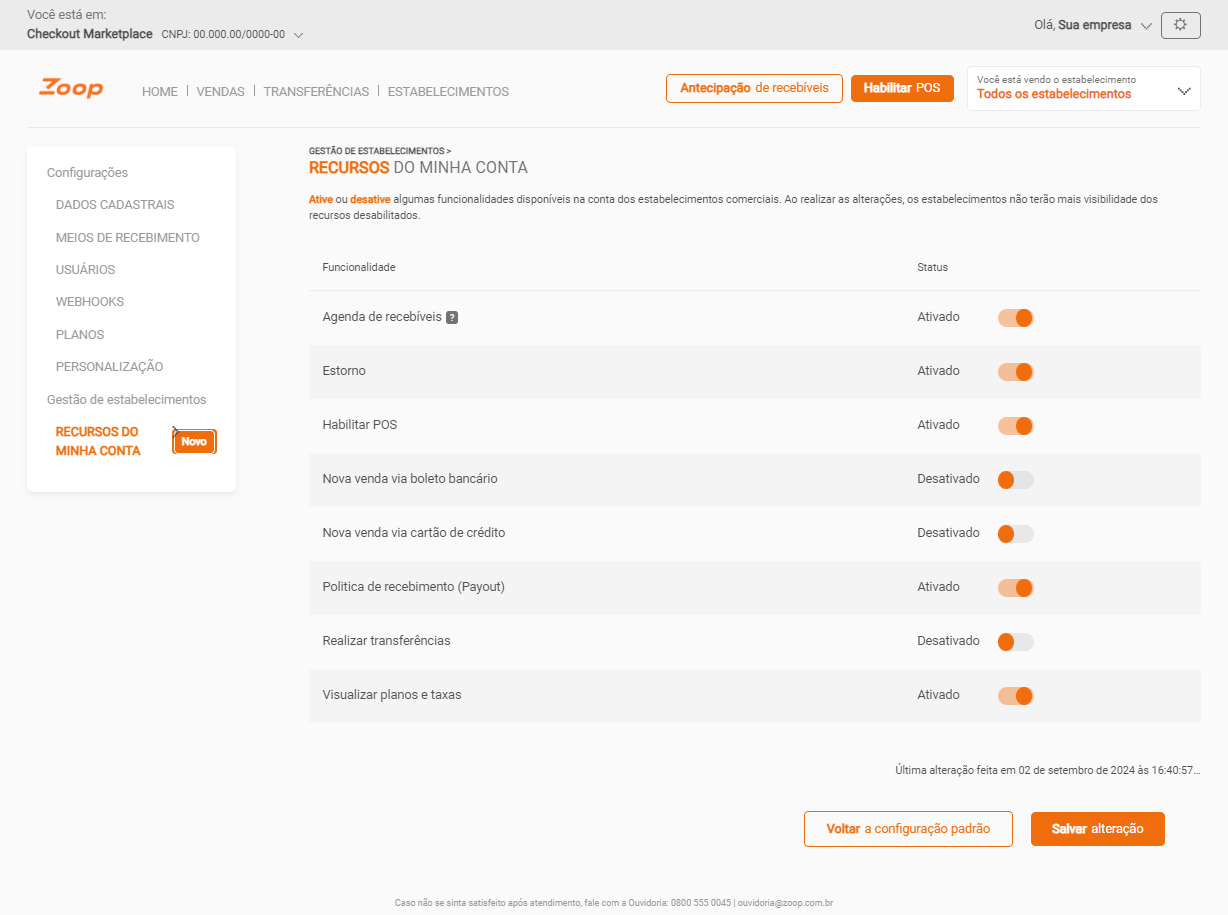Configurar recursos do Minha Conta através do Dash – Ajuda Zoop